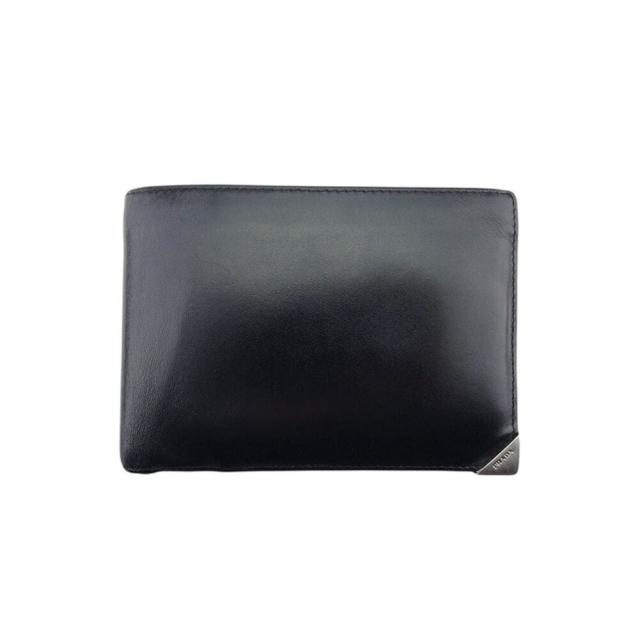 【BIGお買い物ラリー★30%OFFセール中】プラダ PRADA 二つ折り財布ロゴプレート ブラック シルバー レディース 中古