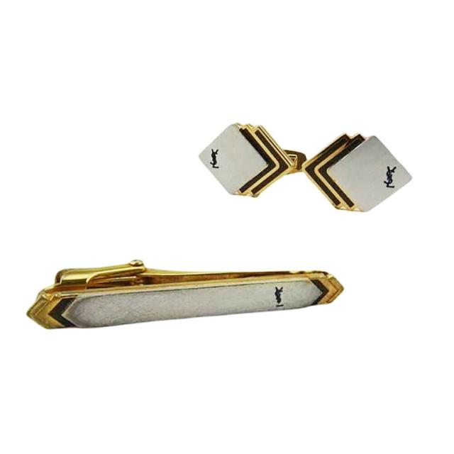 【X'masセール★30%OFF】サンローラン SAINT LAURENT カフス2アイテムセット YSLロゴ　スウィヴル式 ワニロ式 シルバー ゴールド ブラック レディース 中古