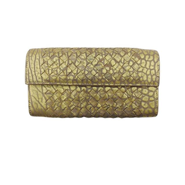 【BIGお買い物ラリー★30%OFFセール中】ボッテガヴェネタ BOTTEGAVENETA 長財布イントレチャート ゴールド グレー 灰色 ベージュ レディース 中古