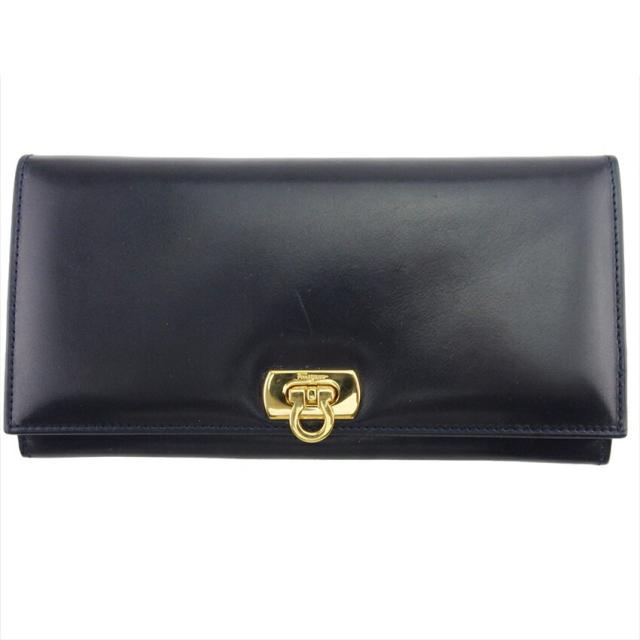【BIGお買い物ラリー★30%OFFセール中】サルヴァトーレフェラガモ Salvatore Ferragamo 長財布ガンチーニ ガンチーニ ネイビー×ゴールド レディース 中古