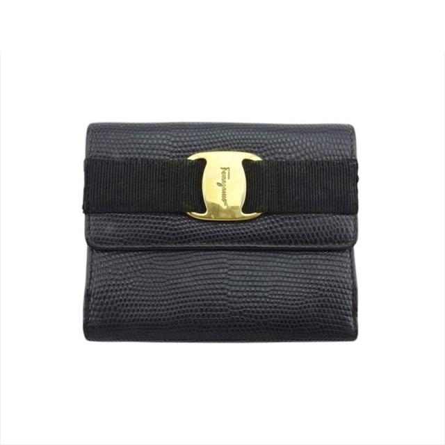 【BIGお買い物ラリー★30%OFFセール中】サルヴァトーレフェラガモ Salvatore Ferragamo 二つ折り財布ヴァラ リザード調 ブラック ゴールド レディース 中古
