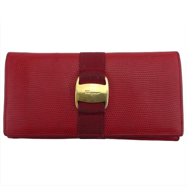 【BIGお買い物ラリー★30%OFFセール中】サルヴァトーレフェラガモ Salvatore Ferragamo 長財布ヴァラ リザード調 レッド ゴールド レディース 中古
