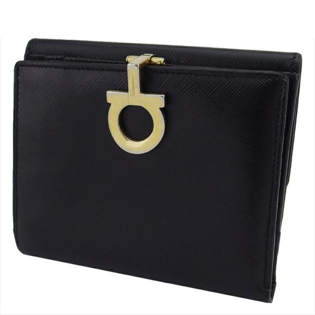 【BIGお買い物ラリー★30%OFFセール中】サルヴァトーレフェラガモ Salvatore Ferragamo 二つ折り財布ガンチーニ ブラック ゴールド レディース 中古