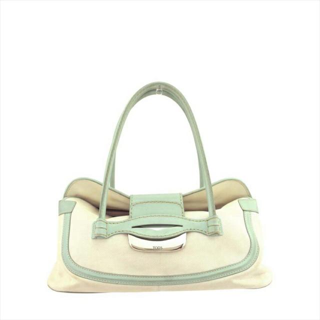 【BIGお買い物ラリー★30%OFFセール中】トッズ TOD’S ハンドバッグバイカラー ロゴプレート ホワイト 白 グリーン シルバー レディース 中古