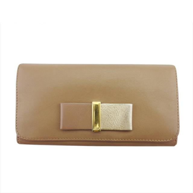 【BIGお買い物ラリー★30%OFFセール中】クロエ Chloe 長財布レザーボウ リボン ブラウン ゴールド レディース 中古