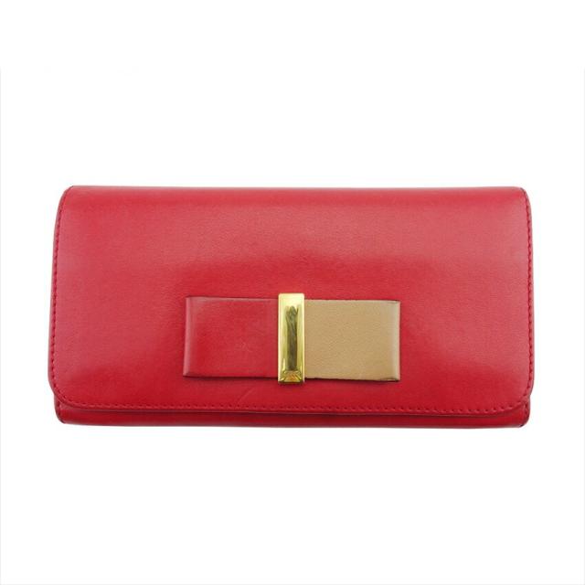 【BIGお買い物ラリー★30%OFFセール中】クロエ Chloe 長財布レザーボウ リボン レッド ベージュ ゴールド レディース 中古