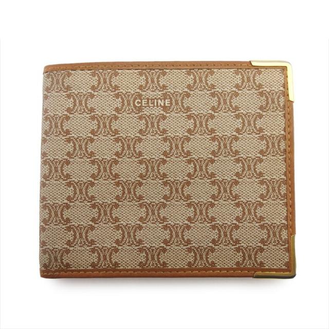 【X'masセール★30%OFF】セリーヌ CELINE 二つ折り財布マカダム 角プレート ベージュ ブラウン ゴールド レディース 中古