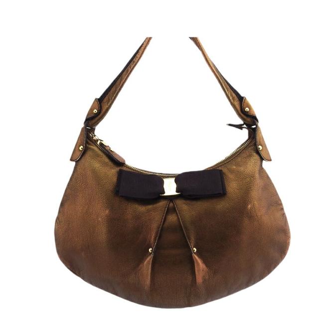 【BIGお買い物ラリー★30%OFFセール中】サルヴァトーレフェラガモ Salvatore Ferragamo ショルダーバッグヴェラリボン ブロンズ　ブラウン　ゴールド レディース 中古