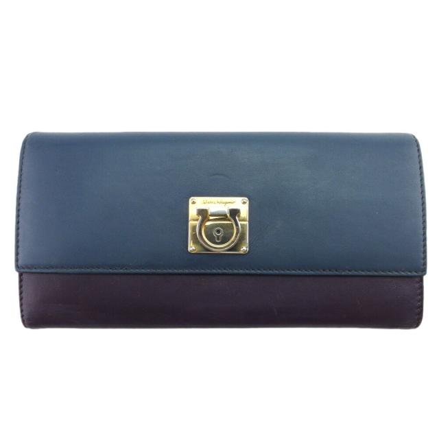 【BIGお買い物ラリー★30%OFFセール中】サルヴァトーレフェラガモ Salvatore Ferragamo 長財布ガンチーニ ブルー　パープル　ゴールド レディース 中古