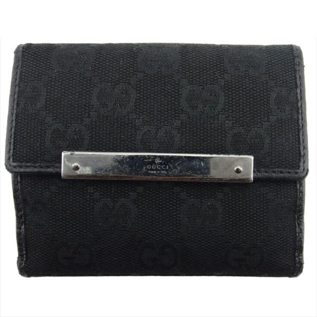 【BIGお買い物ラリー★30%OFFセール中】グッチ GUCCI 二つ折り財布GGキャンバス ブラック シルバー レディース 中古