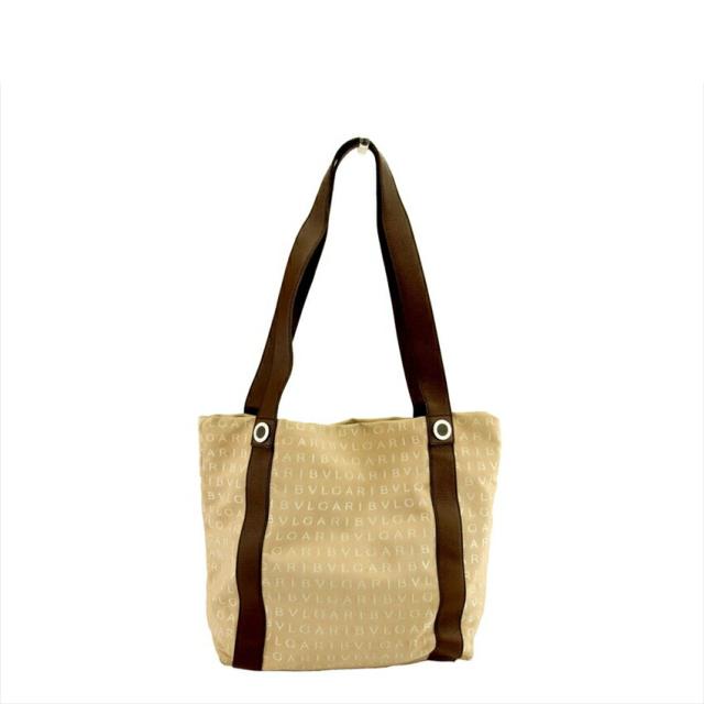 【BIGお買い物ラリー★30%OFFセール中】ブルガリ BVLGARI トートバッグロゴマニア ベージュ ブラウン シルバー レディース 中古