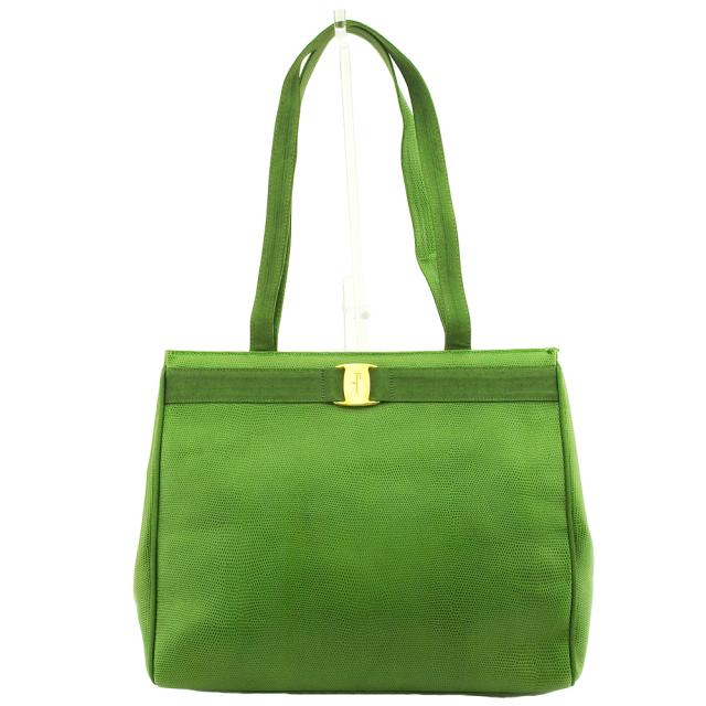 【X'masセール★30%OFF】サルヴァトーレフェラガモ Salvatore Ferragamo トートバッグヴァラ リザード調 グリーン ゴールド レディース 中古