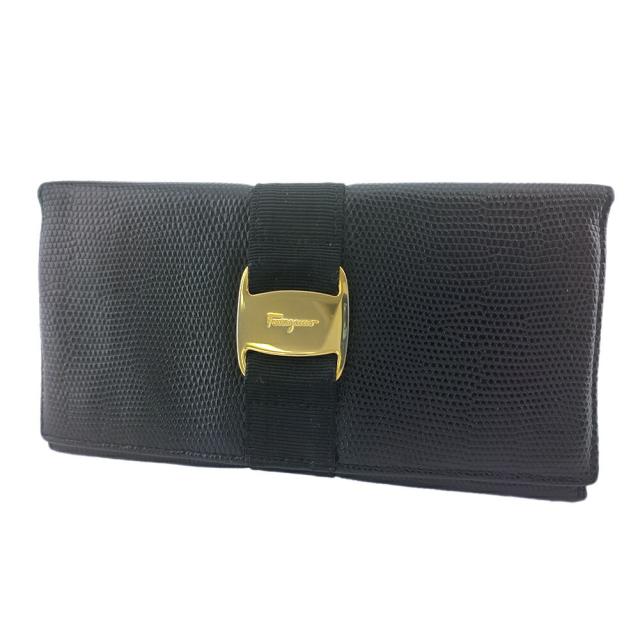 【BIGお買い物ラリー★30%OFFセール中】サルヴァトーレフェラガモ Salvatore Ferragamo 長財布ヴァラ リザード調 ブラック ゴールド レディース 中古