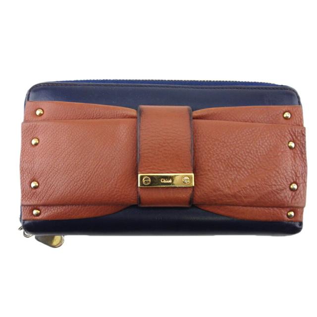 【BIGお買い物ラリー★30%OFFセール中】クロエ Chloe 長財布ジューン リボン ネイビー ブラウン ゴールド レディース 中古