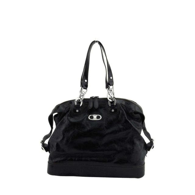 【X'masセール★30%OFF】セリーヌ CELINE トートバッグトリオンフプレート クラック加工 グリーン ブラウン シルバー レディース 中古