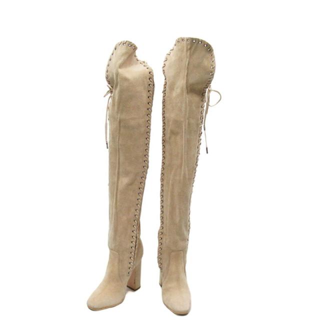 【X'masセール★30%OFF】サルヴァトーレフェラガモ Salvatore Ferragamo ブーツレースアップ ♯4ハーフ サイハイ ベージュ シルバー レディース 中古