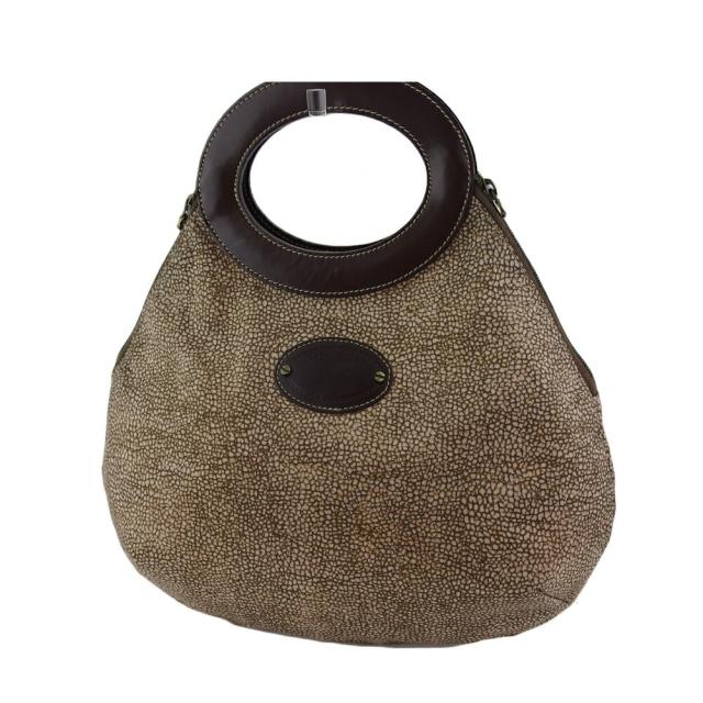 【BIGお買い物ラリー★30%OFFセール中】ボルボネーゼ BORBONESE ハンドバッグうずら柄 ブラウン ベージュ ゴールド レディース 中古