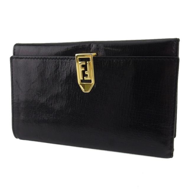 【X'masセール★30%OFF】フェンディ FENDI 三つ折り財布FFプレート ブラック ゴールド レディース 中古