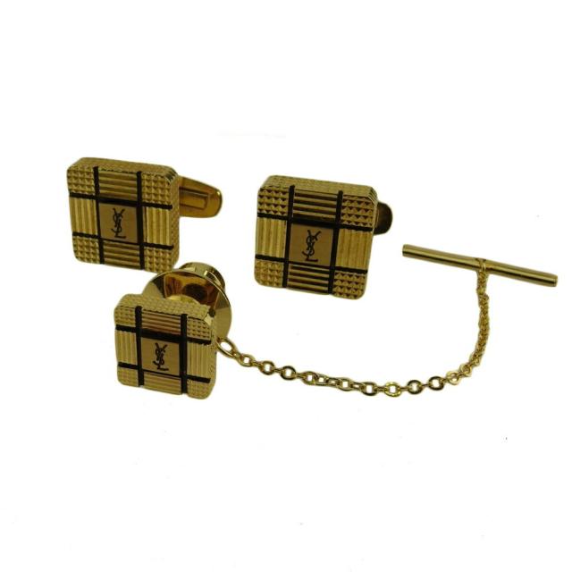 【X'masセール★30%OFF】サンローラン SAINT LAURENT カフス2アイテムセット YSLロゴ スウィヴル式 タイタック ゴールド ブラック レディース 中古