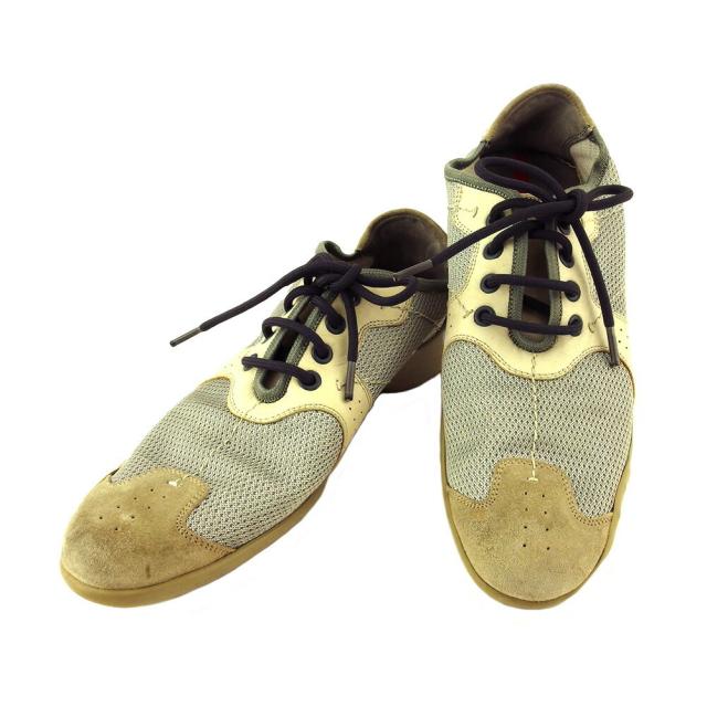 【X'masセール★30%OFF】プラダ PRADA スニーカースポーツライン ♯36ハーフ ローカット グレー 灰色 ベージュ レッド レディース 中古