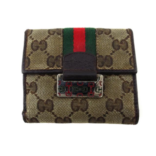 【BIGお買い物ラリー★30%OFFセール中】グッチ GUCCI 二つ折り財布GGキャンバス ウェブライン ホースビットプレート ベージュ ブラウン グリーン レッド レディース 中古