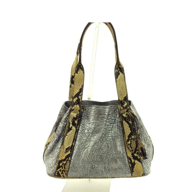 【BIGお買い物ラリー★30%OFFセール中】ミュウミュウ MIUMIU トートバッグパイソン調コンビ シルバー ベージュ ブラウン レディース 中古