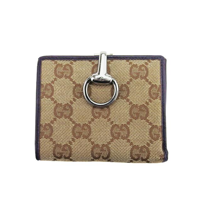 【X'masセール★30%OFF】グッチ GUCCI 二つ折り財布GGキャンバス ホースビット ベージュ ブラウン シルバー レディース 中古