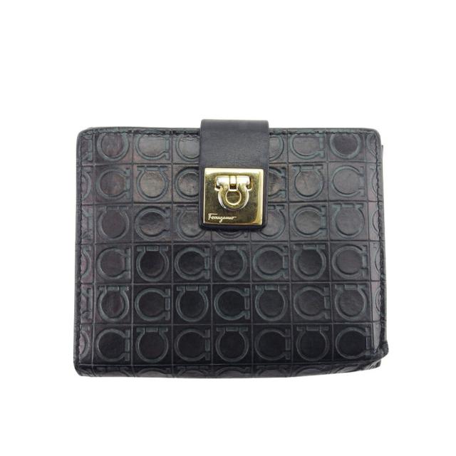【BIGお買い物ラリー★30%OFFセール中】サルヴァトーレフェラガモ Salvatore Ferragamo 二つ折り財布ガンチーニ ブラック ゴールド レディース 中古