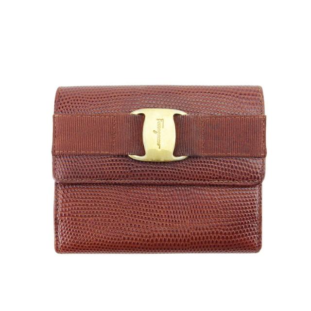 【BIGお買い物ラリー★30%OFFセール中】サルヴァトーレフェラガモ Salvatore Ferragamo 二つ折り財布ヴァラ リザード調 ブラウン ゴールド レディース 中古
