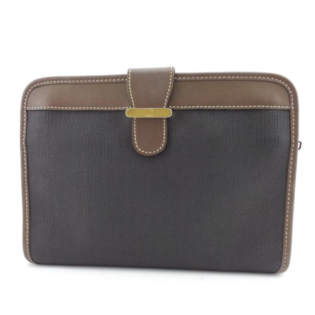 【X'masセール★30%OFF】ダンヒル Dunhill クラッチバッグヘリンボーン グレー 灰色 ブラウン ゴールド レディース 中古