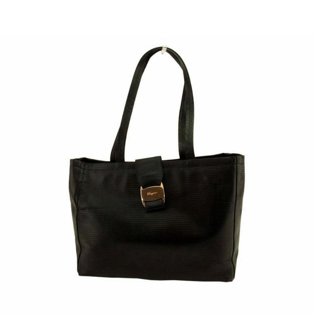 【BIGお買い物ラリー★30%OFFセール中】サルヴァトーレフェラガモ Salvatore Ferragamo トートバッグヴァラ リザード調 ブラック ゴールド レディース 中古