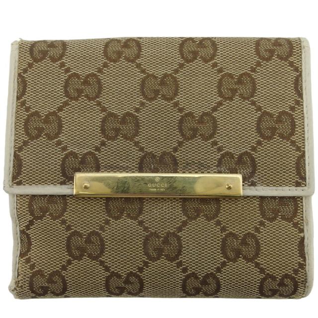 【BIGお買い物ラリー★30%OFFセール中】グッチ GUCCI 二つ折り財布GGキャンバス ロゴプレート ベージュ ブラウン ゴールド レディース 中古