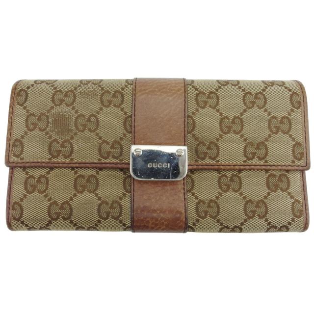 【BIGお買い物ラリー★30%OFFセール中】グッチ GUCCI 長財布GGキャンバス ベージュ ブラウン シルバー レディース 中古