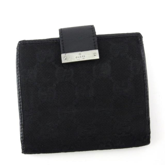【BIGお買い物ラリー★30%OFFセール中】グッチ GUCCI 二つ折り財布GGキャンバス ブラック シルバー レディース 中古