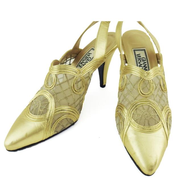 【BIGお買い物ラリー★30%OFFセール中】ジャンニ・ヴェルサーチ Gianni Versace パンプスレース ♯35ハーフ ヴェルサーチ スリングバック ゴールド レディース 中古