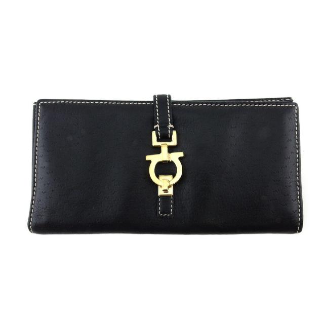 【BIGお買い物ラリー★30%OFFセール中】サルヴァトーレフェラガモ Salvatore Ferragamo 長財布ガンチーニ ブラック ゴールド レディース 中古