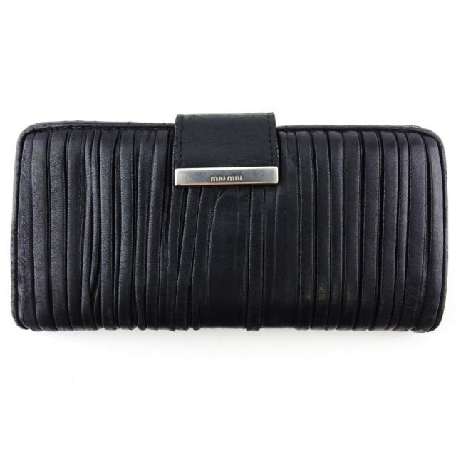 【X'masセール★30%OFF】ミュウミュウ MIUMIU 長財布プリーツ ロゴプレート ブラック シルバー レディース 中古