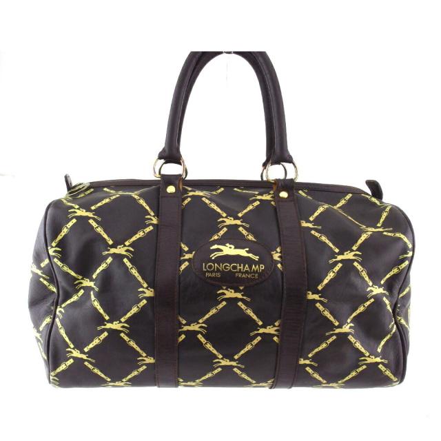 【X'masセール★30%OFF】ロンシャン Longchamp ボストンバッグ乗馬マーク 馬 ホース ブラウン ベージュ ゴールド レディース 中古