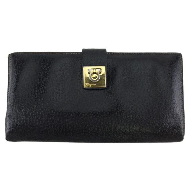 【BIGお買い物ラリー★30%OFFセール中】サルヴァトーレフェラガモ Salvatore Ferragamo 長財布ガンチーニ ブラック ゴールド レディース 中古
