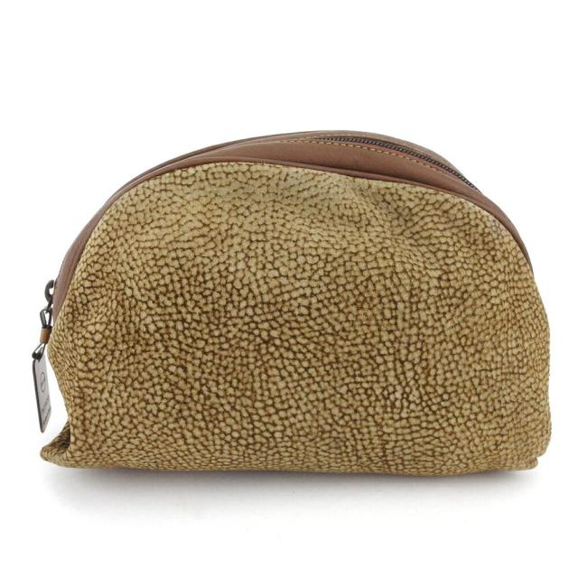 【X'masセール★30%OFF】ボルボネーゼ BORBONESE ポーチうずら柄 redwallタグ付き ベージュ ブラウン ゴールド レディース 中古