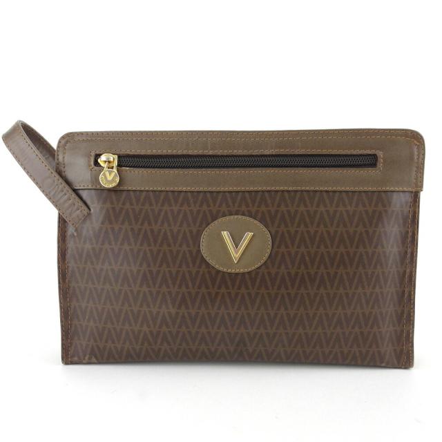 【BIGお買い物ラリー★30%OFFセール中】マリオ・ヴァレンティノ MARIO VALENTINO クラッチバッグVマーク ブラウン ゴールド シルバー レディース 中古