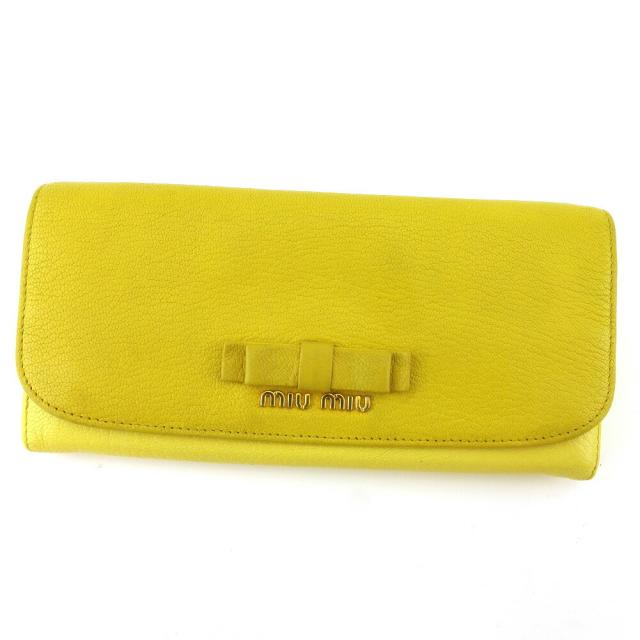 【BIGお買い物ラリー★30%OFFセール中】ミュウミュウ MIUMIU 長財布リボン イエロー ゴールド レディース 中古