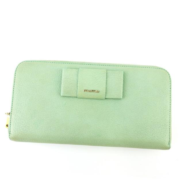 【BIGお買い物ラリー★30%OFFセール中】ミュウミュウ MIUMIU 長財布リボン グリーン ゴールド レディース 中古