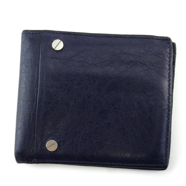 【BIGお買い物ラリー★30%OFFセール中】バレンシアガ BALENCIAGA 札入れスクエアウォレット ネイビー シルバー レディース 中古