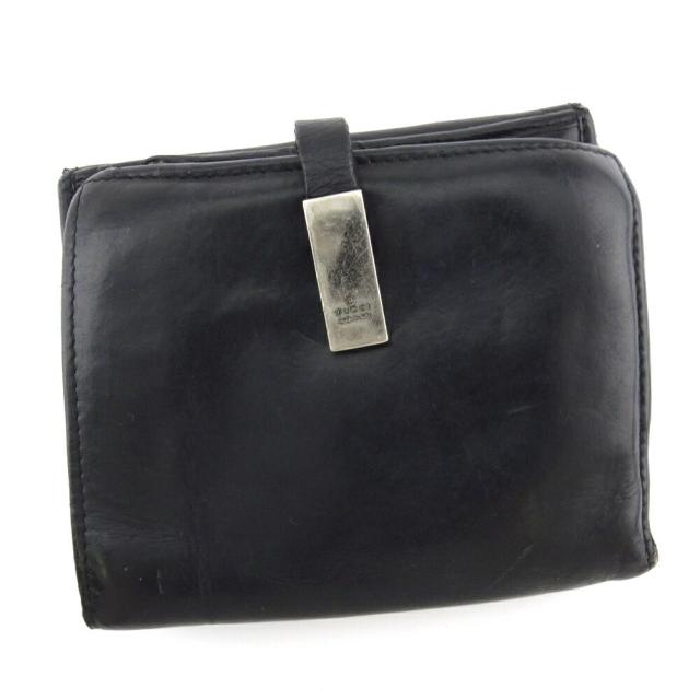 【BIGお買い物ラリー★30%OFFセール中】グッチ GUCCI 二つ折り財布ロゴプレート ブラック シルバー レディース 中古