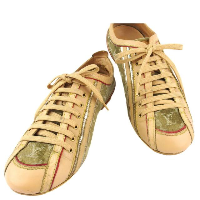 【X'masセール★30%OFF】ルイ・ヴィトン LOUIS VUITTON スニーカーモノグラムミニ ♯35 ローカット ベージュ グリーン レッド系 レディース 中古