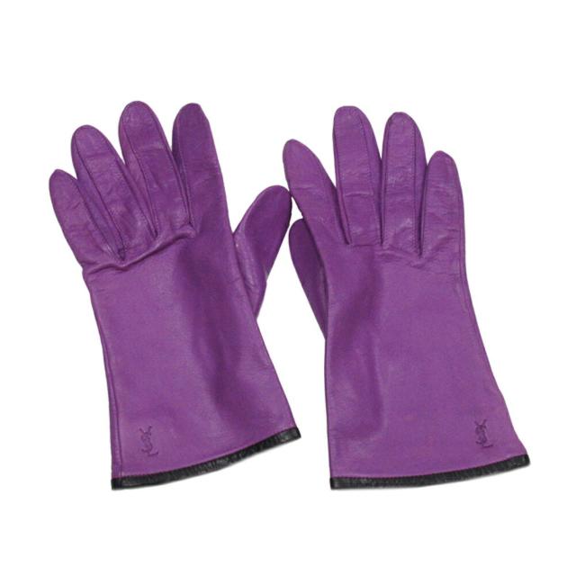 【BIGお買い物ラリー★30%OFFセール中】サンローラン SAINT LAURENT 手袋YSLロゴ パープル ブラック レディース 中古