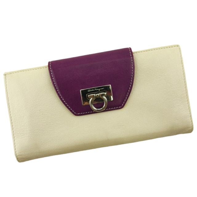 【BIGお買い物ラリー★30%OFFセール中】サルヴァトーレフェラガモ Salvatore Ferragamo 長財布ガンチーニ ホワイト 白 パープル ブラウン レディース 中古