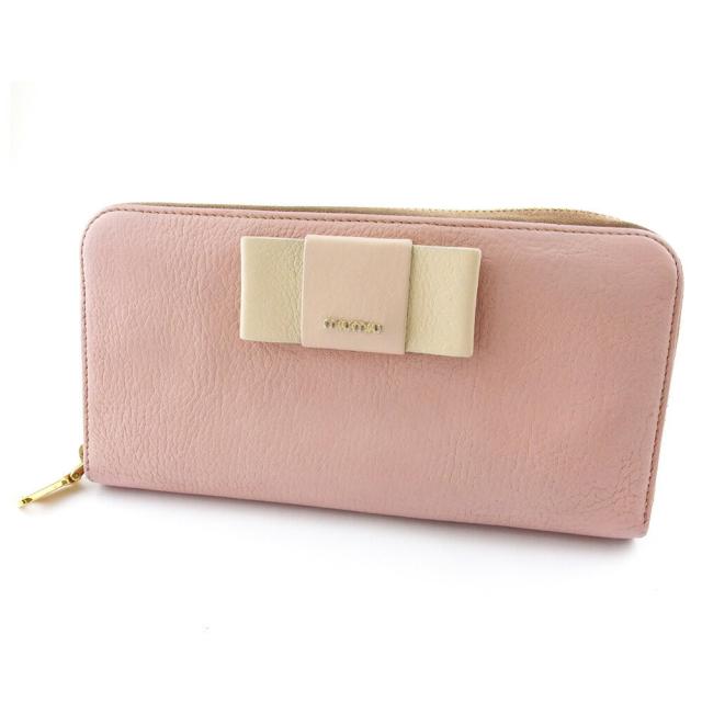 【BIGお買い物ラリー★30%OFFセール中】ミュウミュウ MIUMIU 長財布リボン ピンク ベージュ ゴールド レディース 中古