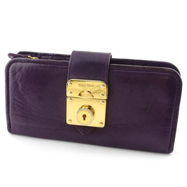 【X'masセール★30%OFF】ミュウミュウ MIUMIU 長財布ロゴプレート パープル ゴールド レディース 中古